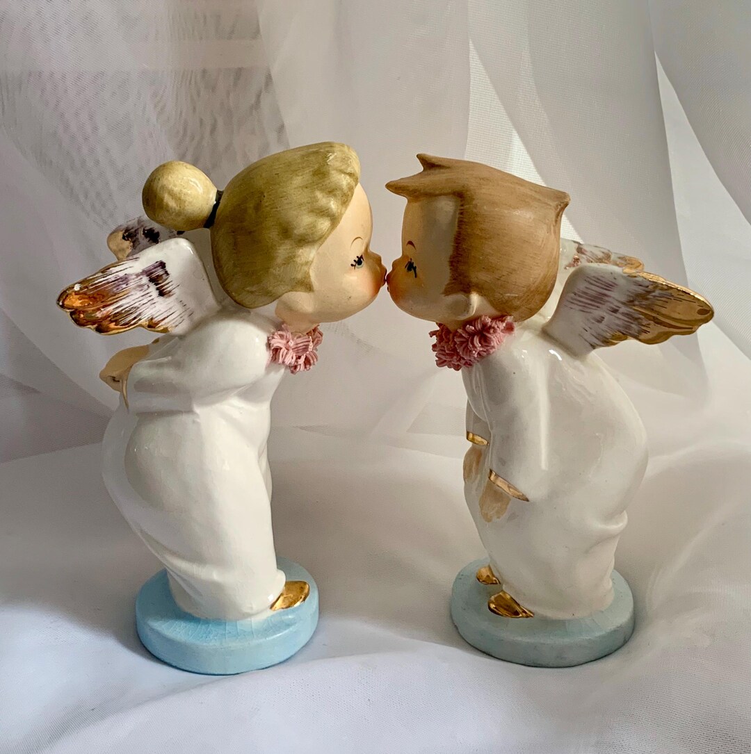 Vintage Ceramic Kissing Angels With Spaghetti Trim Figurines - Napco ...
