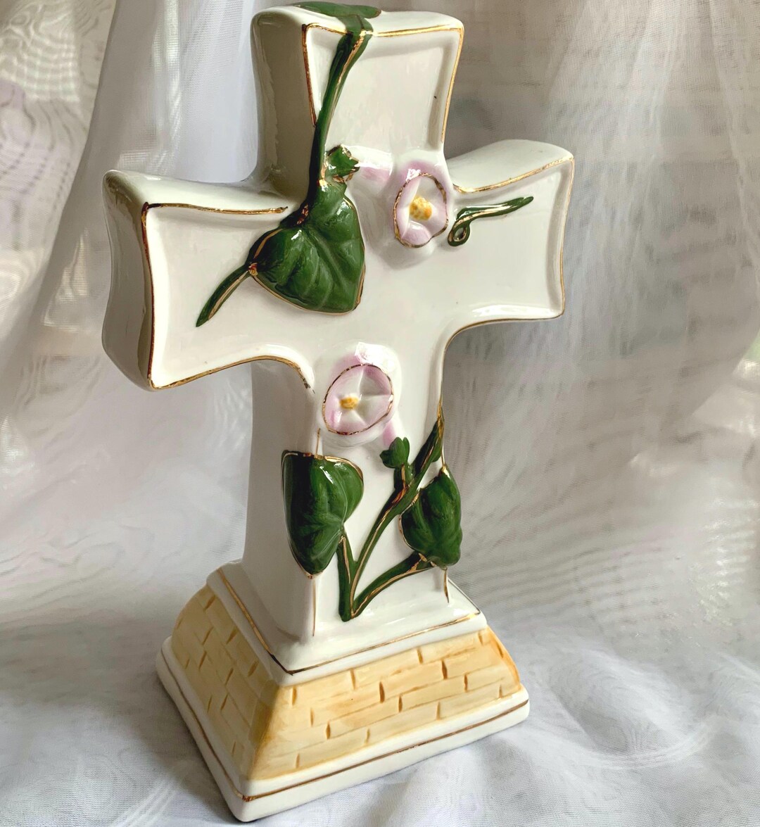 Vintage Floral Porcelain Cross Figurine - Greenbrier International - Etsy