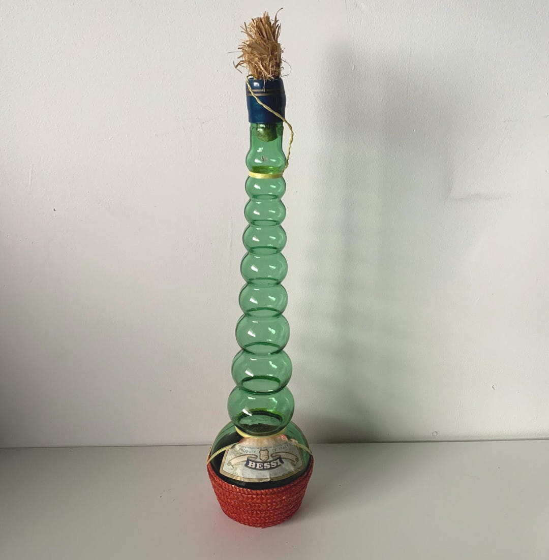 Vintage Italian Green Glass Wine Bottle: Woven Straw Base, Bessi ...