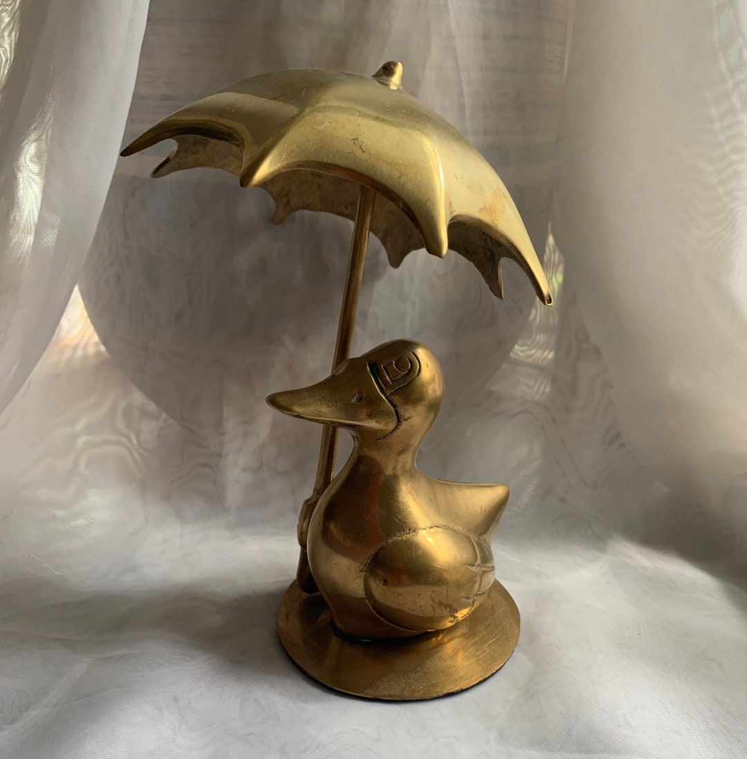Vintage Large Brass Duck With Umbrella Statue/figurine - Made in Korea ...