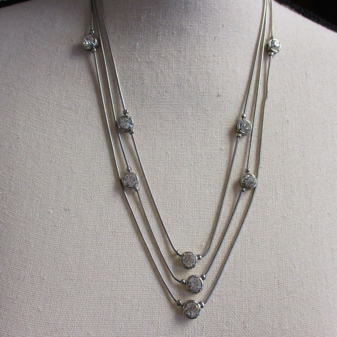 Vintage Silver Tone 3-strand Crystal Necklace: Elegant Statement ...