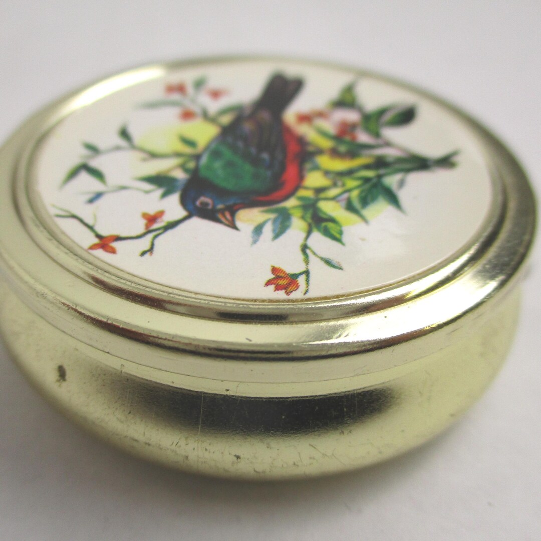 Vintage Round Pill Box, Gold Tone Metal, Colorful Bird in Tree Branches ...