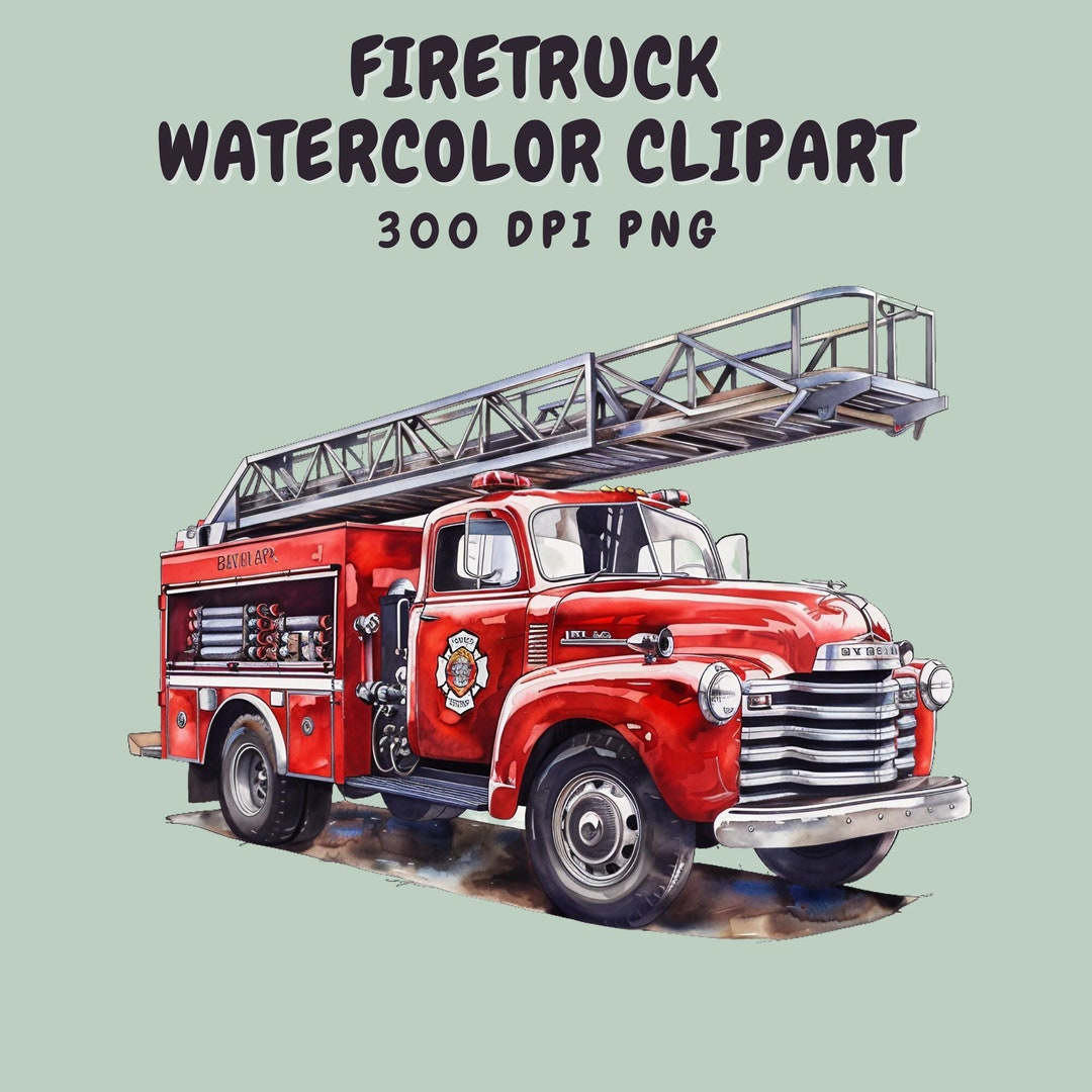Firetruck Watercolor Clipart PNG Digital Clipart Firetruck Clipart ...