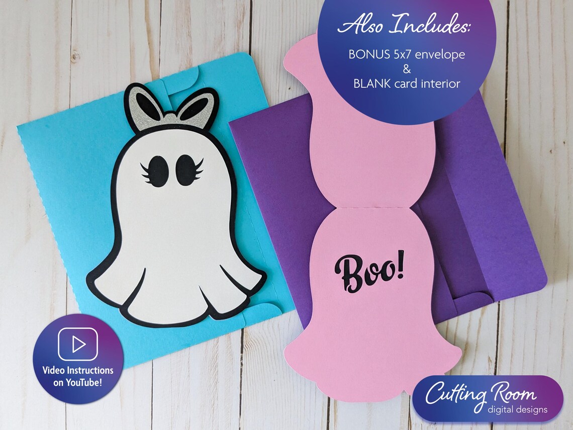 Cute Kawaii Girl Ghost Greeting Card SVG Template - Includes Envelope ...