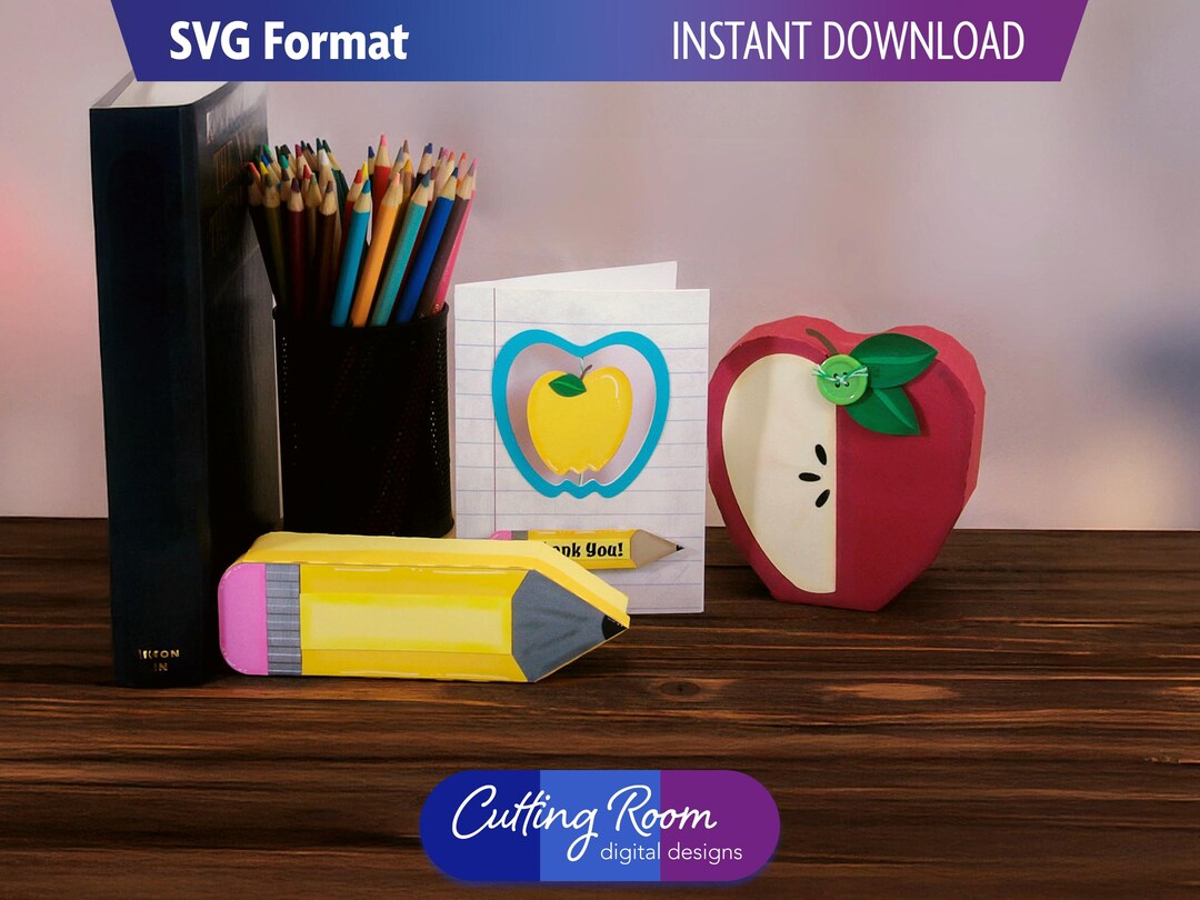 Easy Apple, Pencil Box & Thank You Card SVG Template Set - Gift Card ...