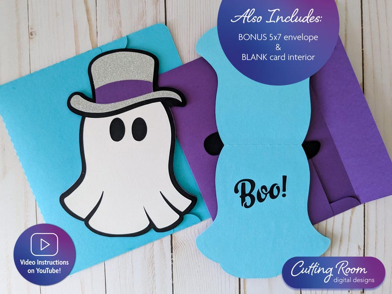 Cute Kawaii Boy Ghost Greeting Card SVG Template - Includes Envelope ...