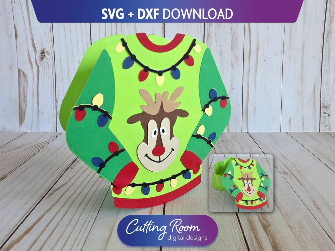 Reindeer Ugly Xmas Sweater Gift Box SVG & DXF Template - Layered Paper ...
