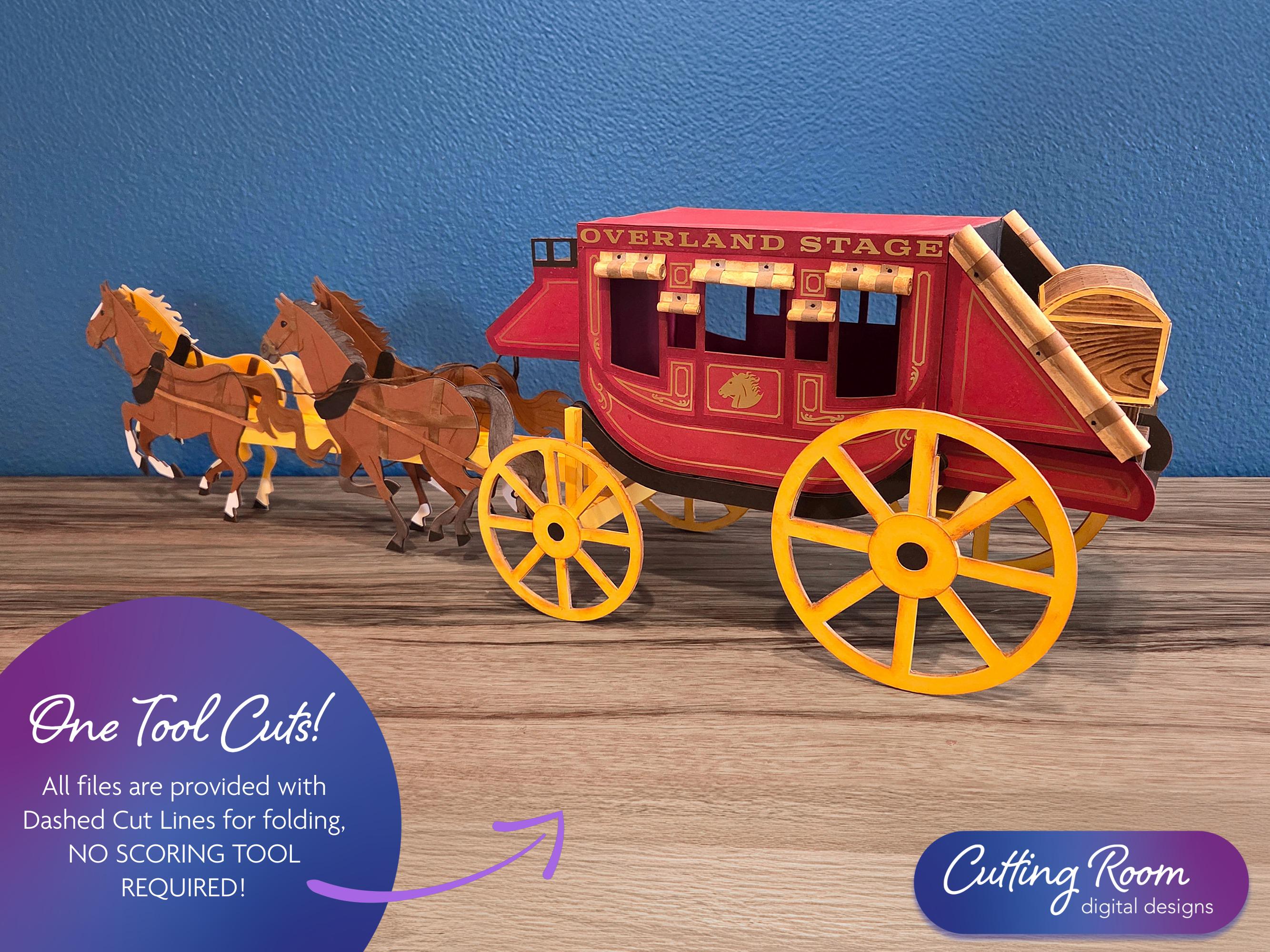 3D Stagecoach & Horses SVG DXF Model Template - Paper Craft Old Western ...