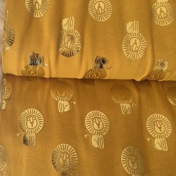 Yellow Jersey Fabric With Gold Foil Lions. Oeko-tex Standard. | Etsy