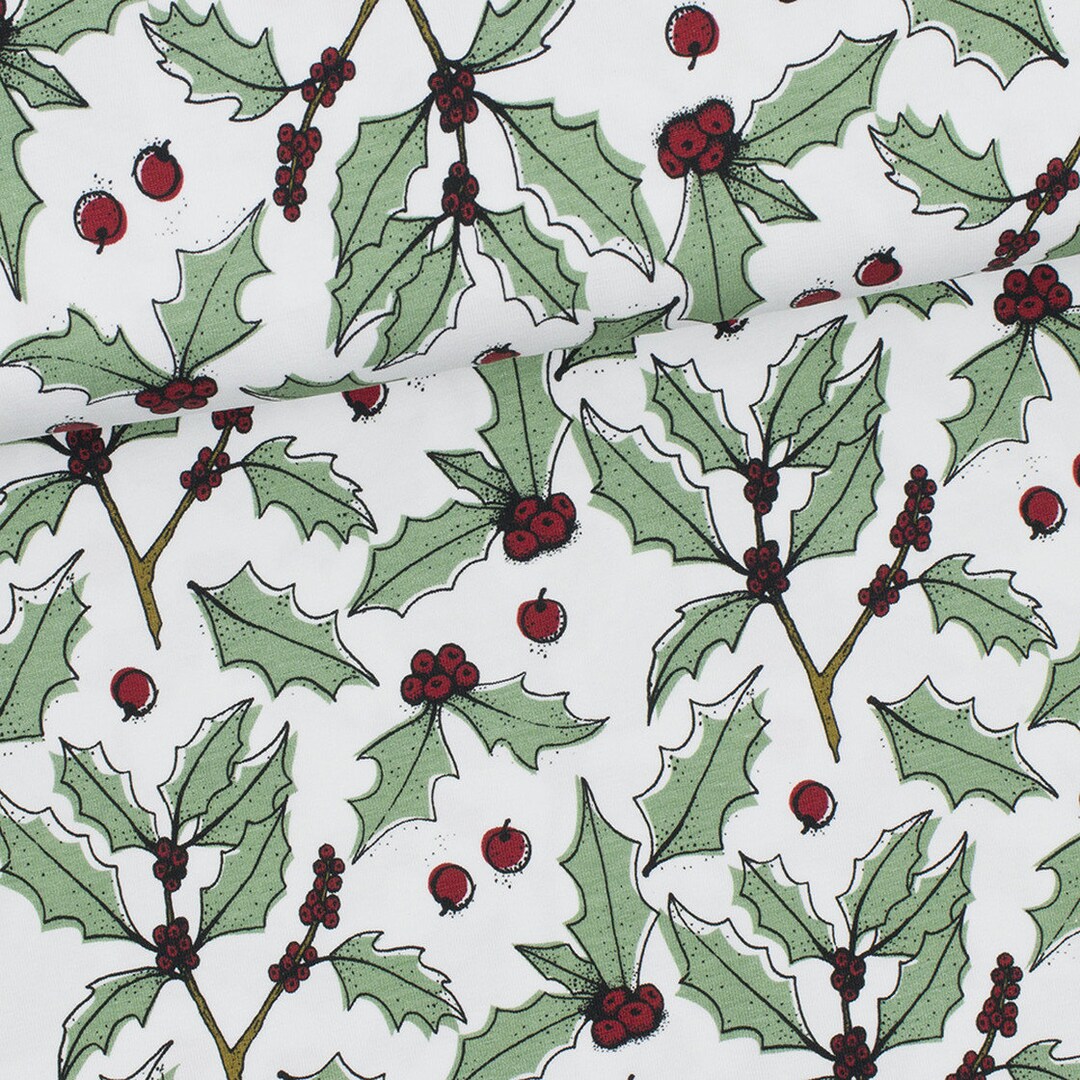 Christmas Jersey Fabric With Holly. Oeko-tex Standard. Swafing Feliz ...