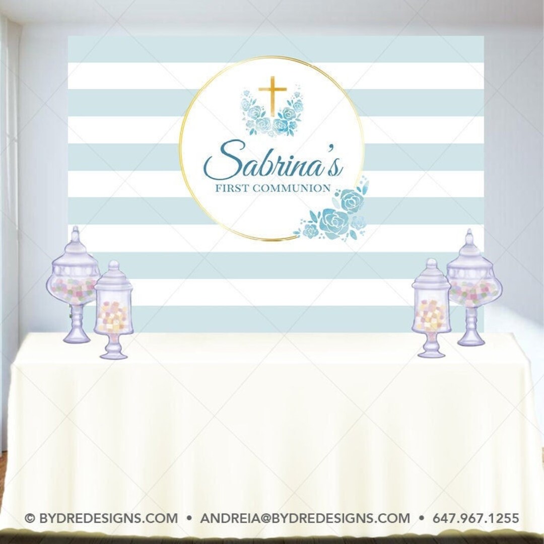 Floral First Communion Backdrop, Gold and Teal, Vinyl Banner - Etsy