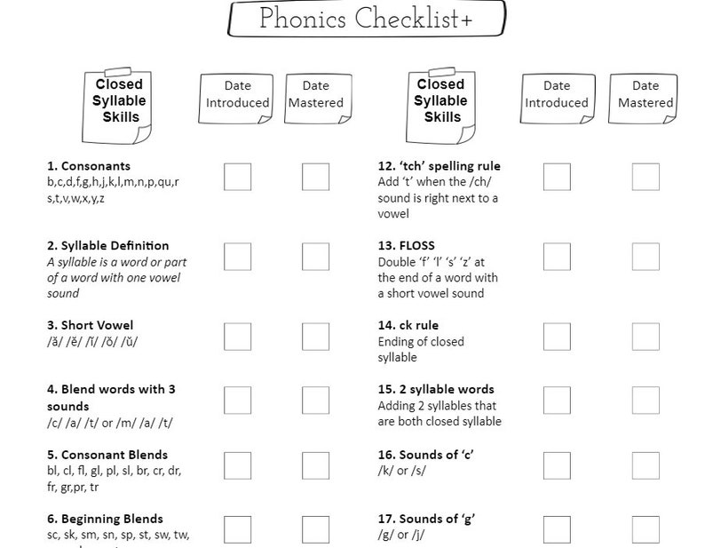 Phonics Teaching Checklist - Etsy