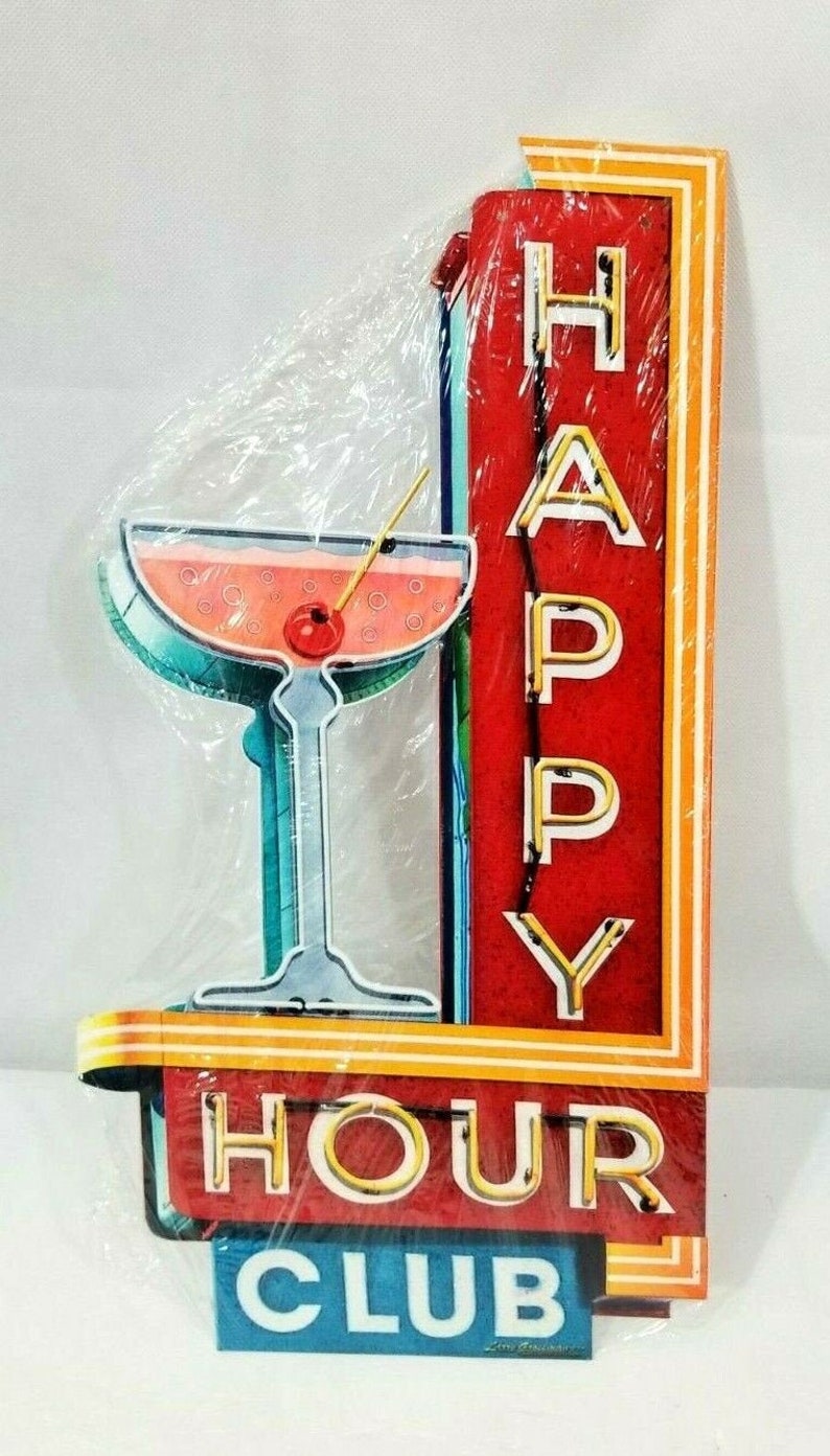 18" Happy Hour Club Drink Nostalgic Neon Style in USA Steel Sign Retro ...