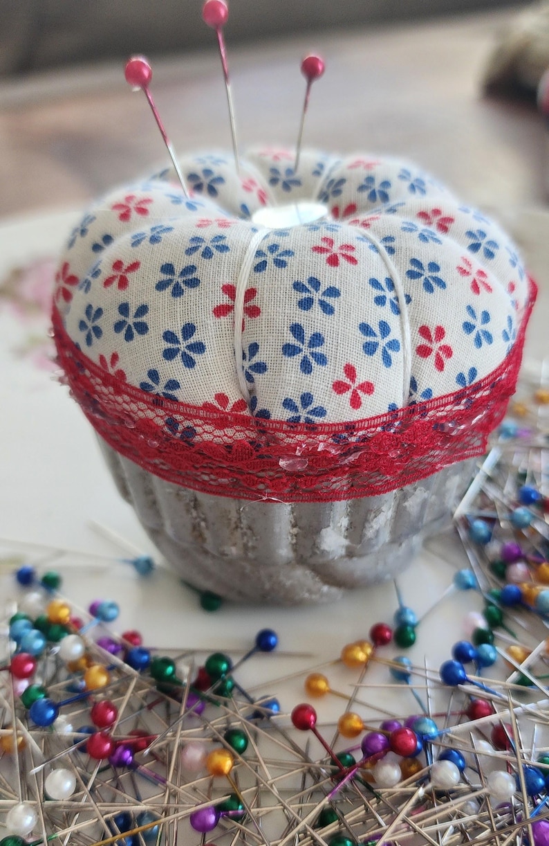 Upcycled Jelly Mold Pin Cushion | Vintage Flour Sack Fabric - Etsy