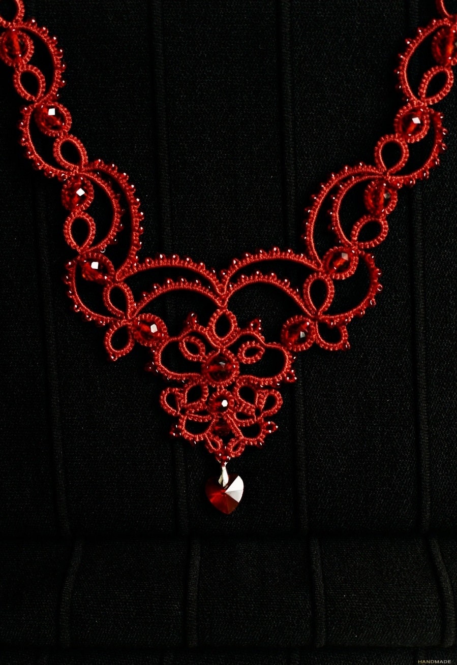 Tatting Lace Necklace, Lace Necklace Black, Pendant Heart, Gift for ...