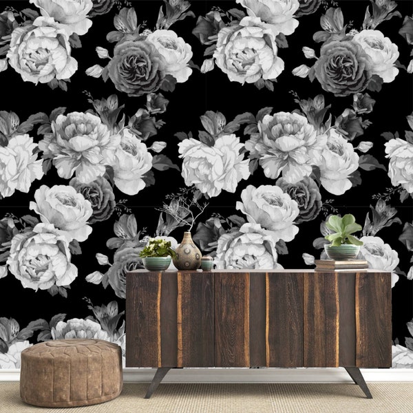 Floral Removable Wallpaper Black and White - Etsy