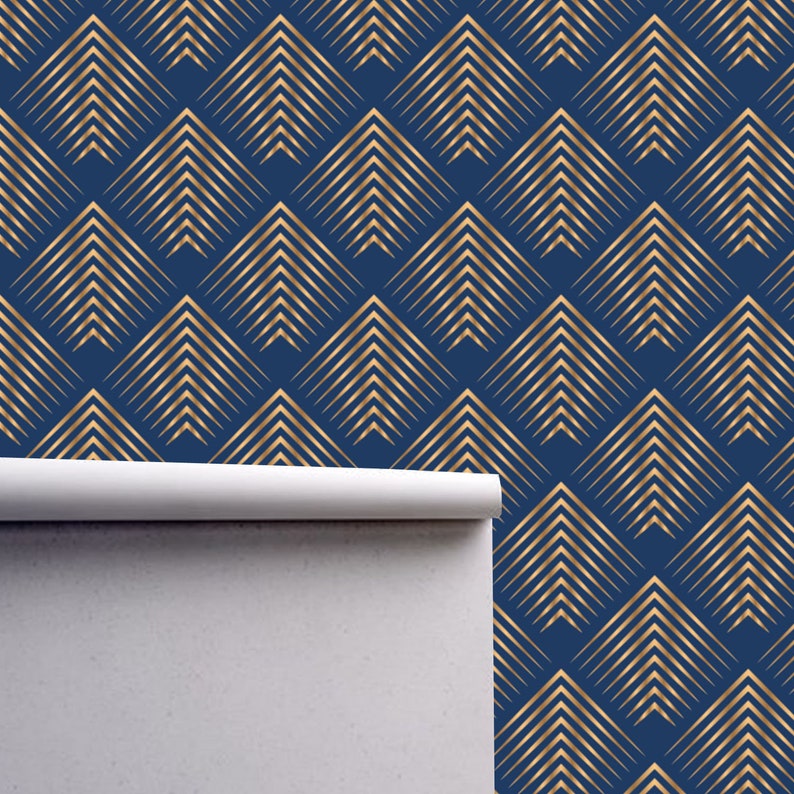 Geometric Art Deco Blue Gold Wallpaper Monochrome Embossed - Etsy