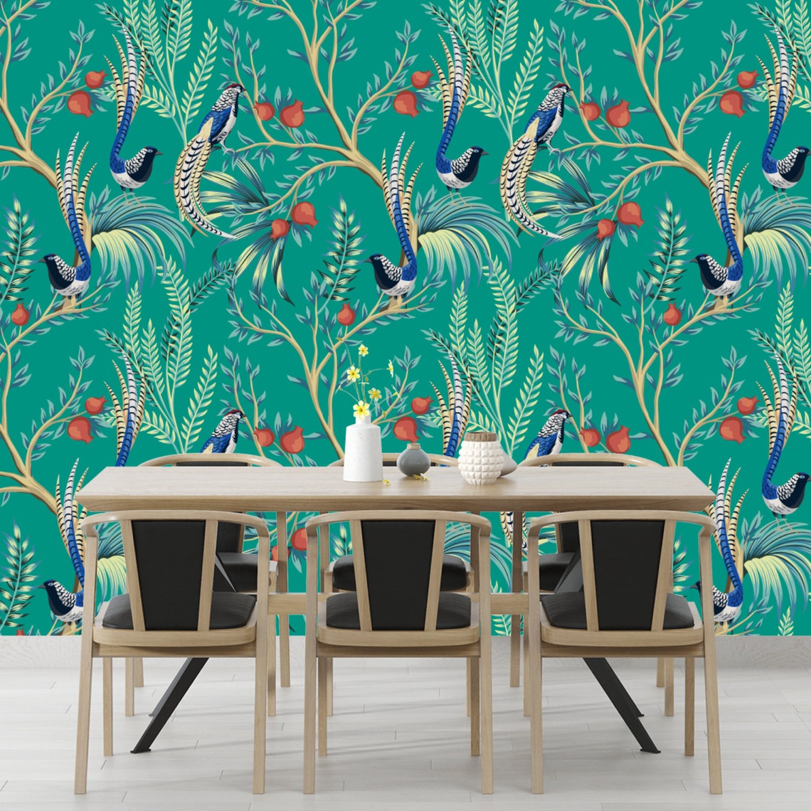Blue Green Chinoiserie Boho Wallpaper Traditional Non woven | Etsy