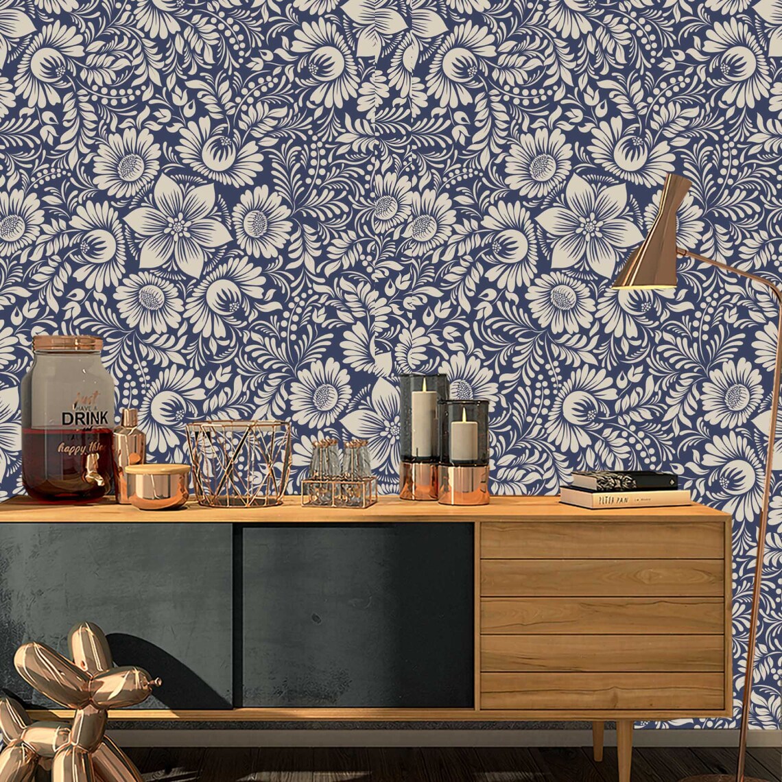 Blue and White Vintage Floral Wallpaper Mural Wall Covering | Etsy