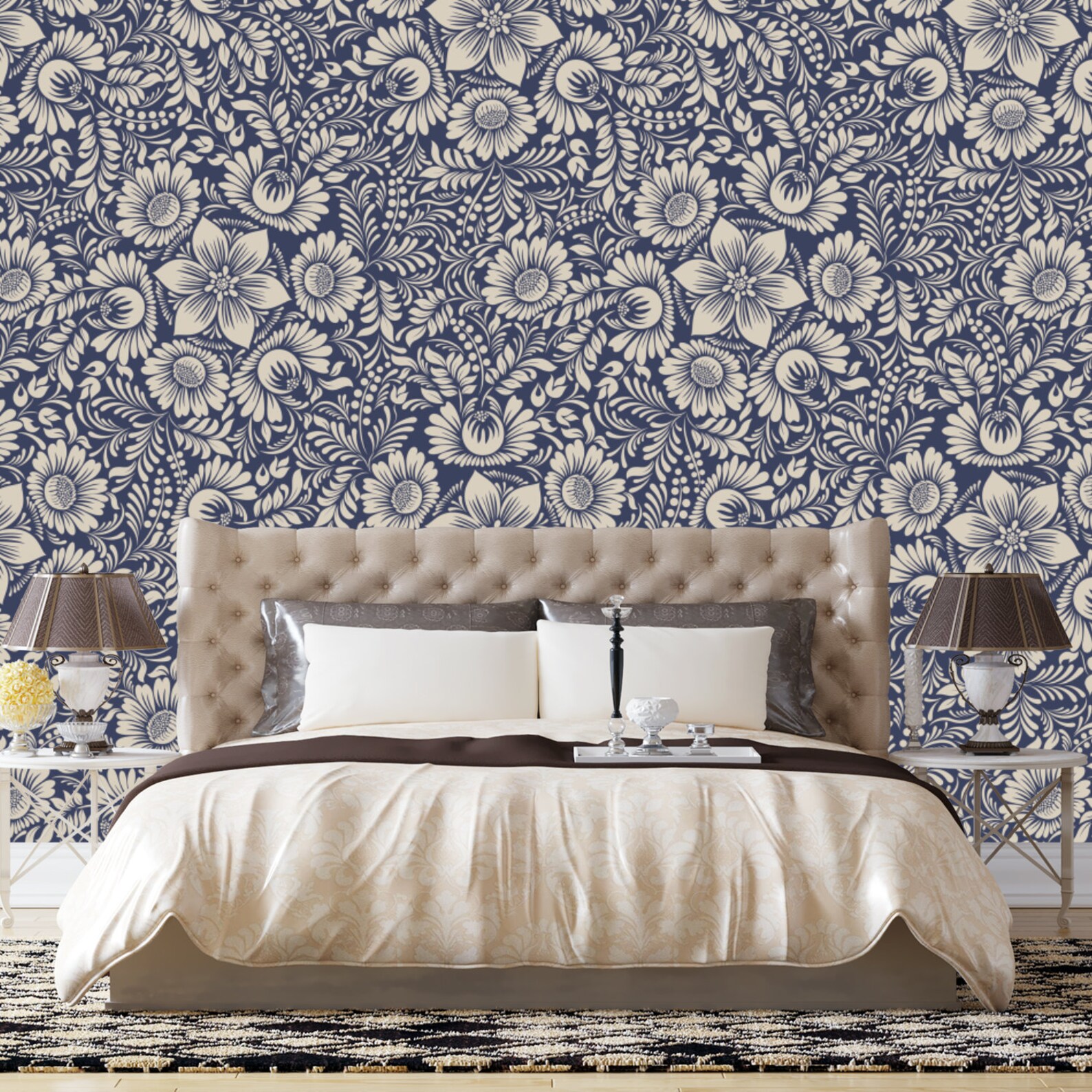 Blue and White Vintage Floral Wallpaper Mural Wall Covering | Etsy