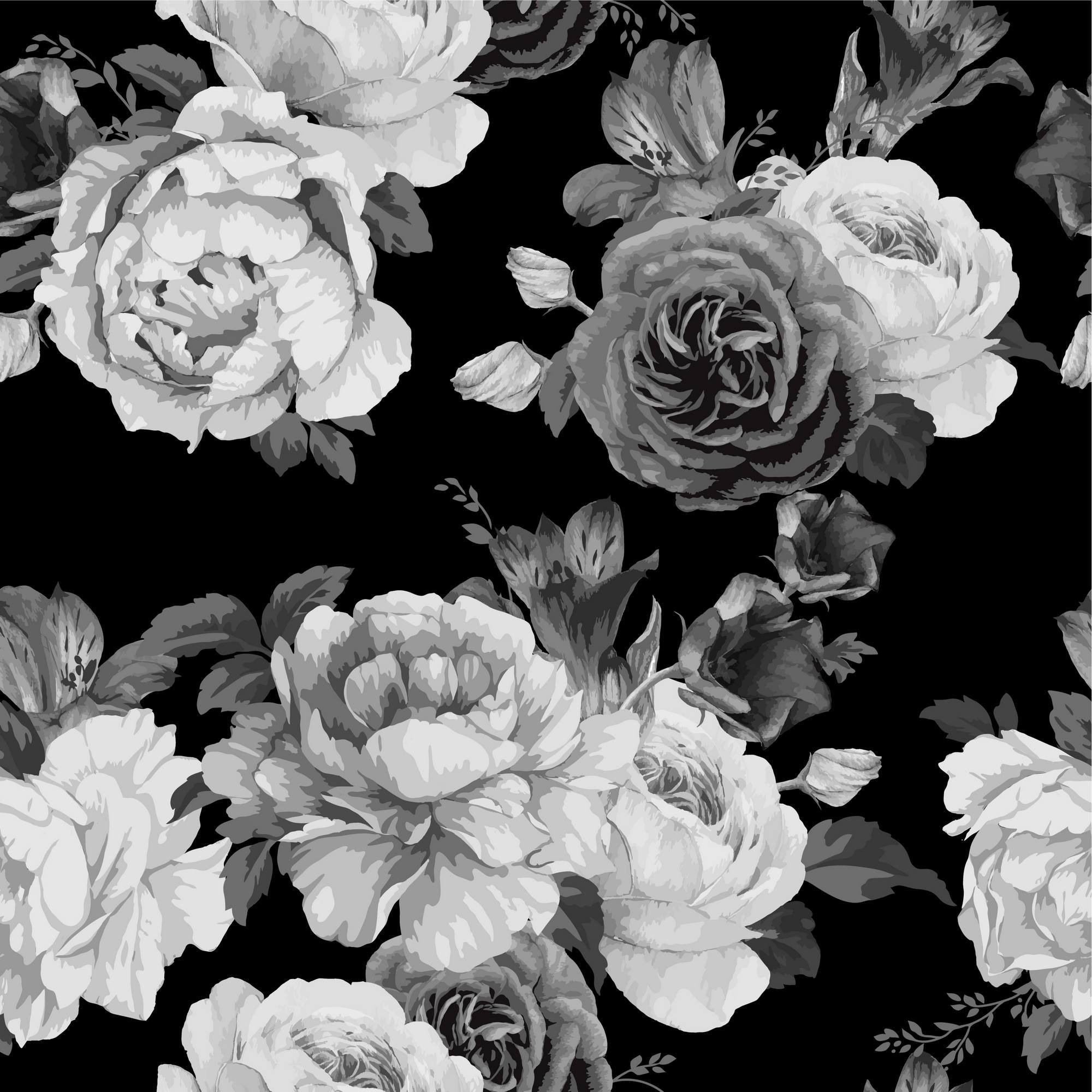 Black White Monochrome Dark Large Floral Peony Wallpaper Wall Etsy