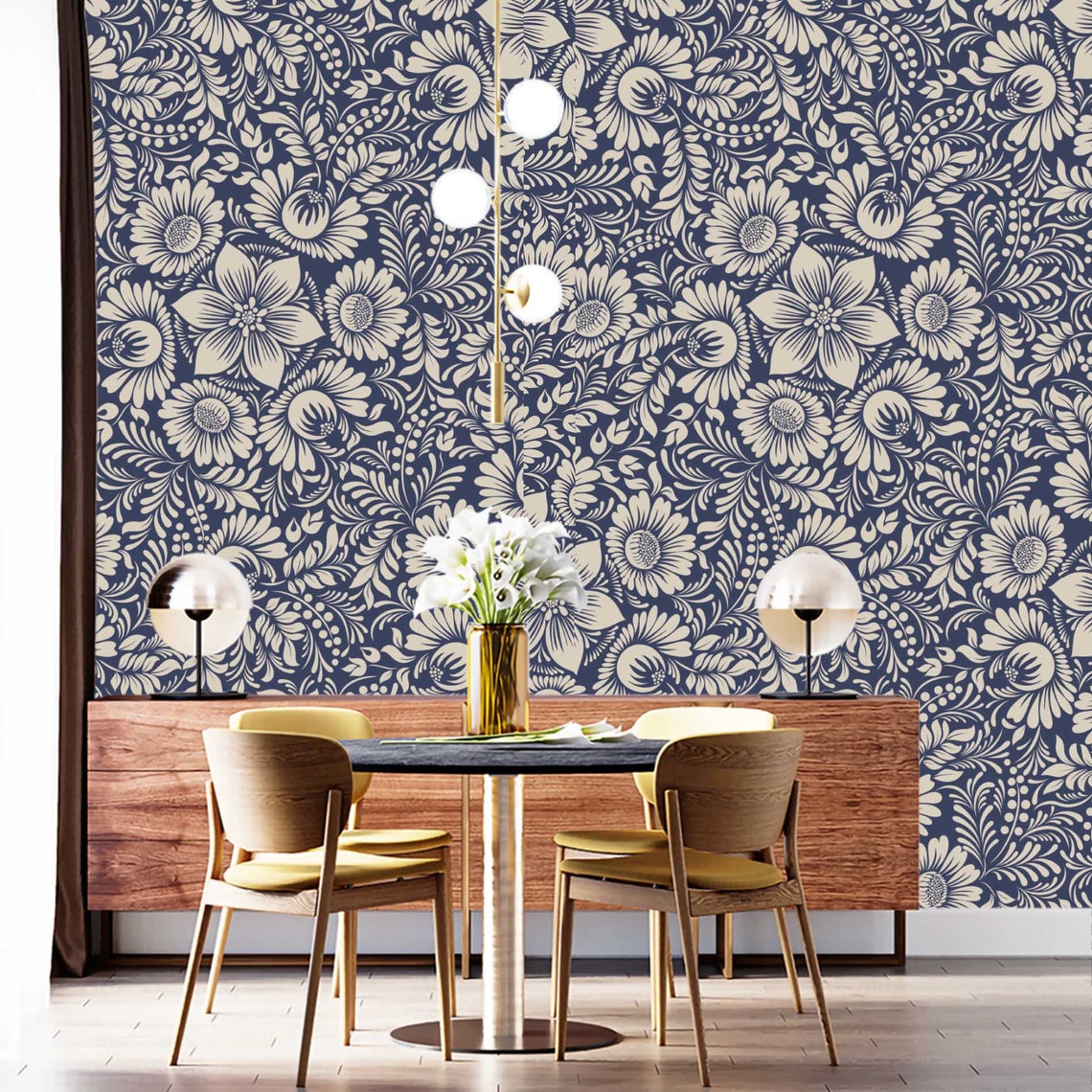Blue and White Vintage Floral Wallpaper Mural Wall Covering | Etsy