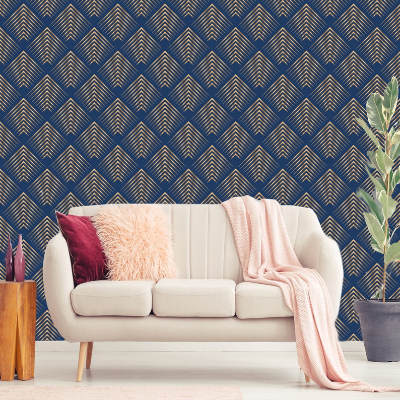 Geometric Art Deco Blue Gold Wallpaper Monochrome Embossed - Etsy
