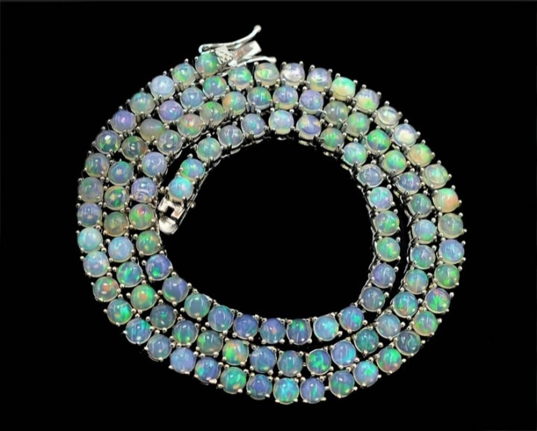 Natural Ethiopian Welo Opal Round Shape Tennis Necklace Platinum Over ...