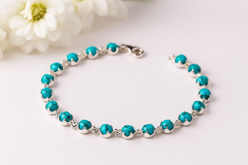Pulsera de tenis con turquesa y telaraña: platino sobre cadena de plata ...