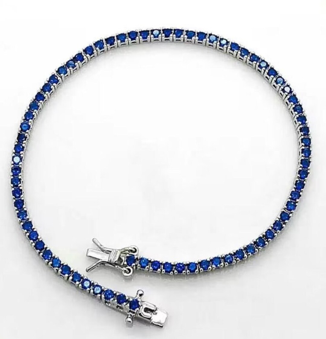 Blue Sapphire Round Tennis Necklace in Platinum Over Sterling Silver ...