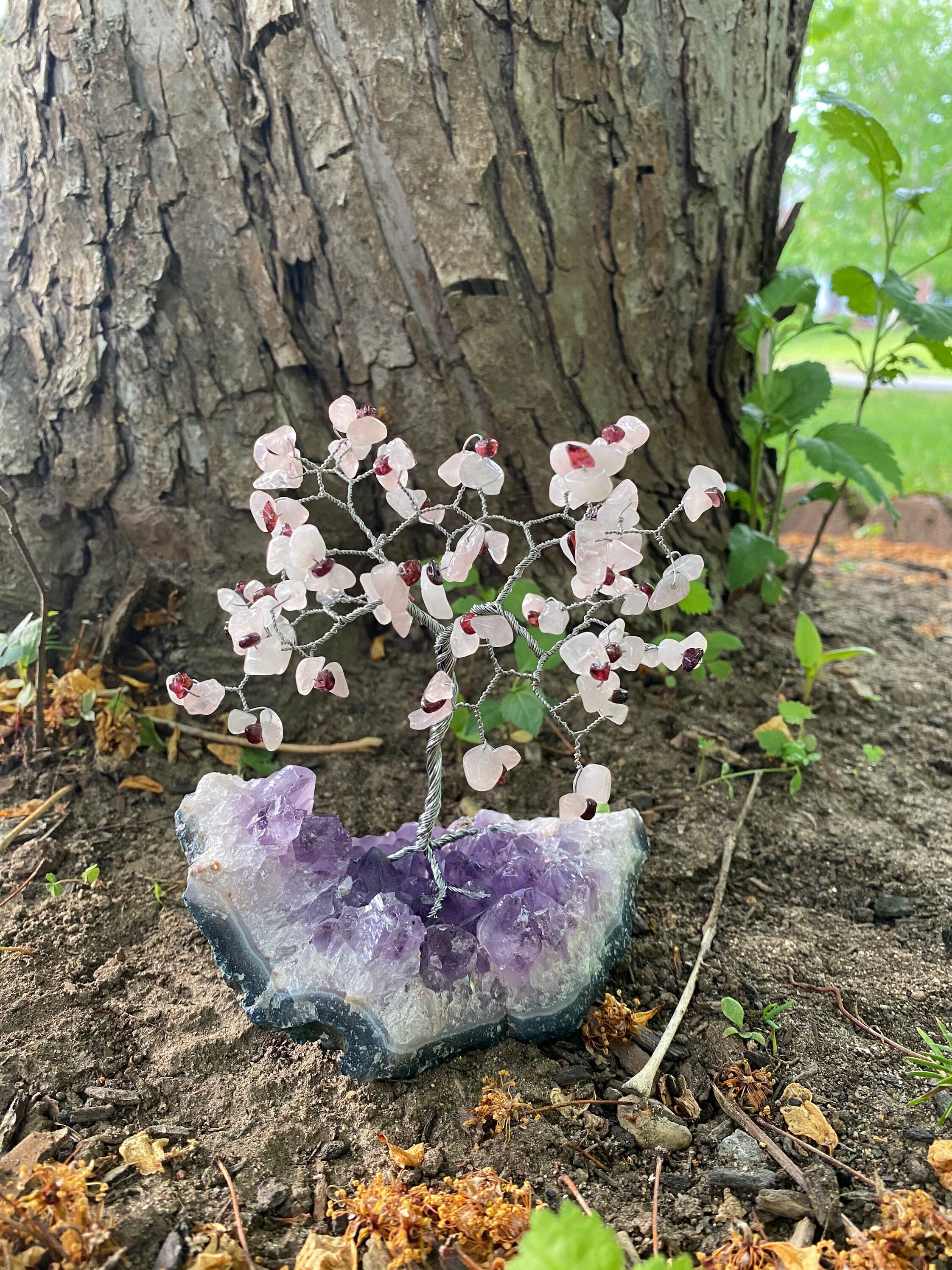 Rose quartz and garnet tree sculpture | Etsy