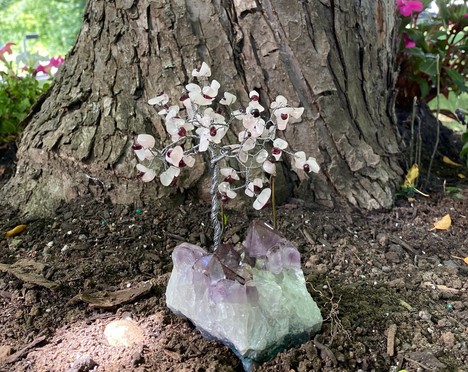 Rose quartz and garnet tree sculpture | Etsy