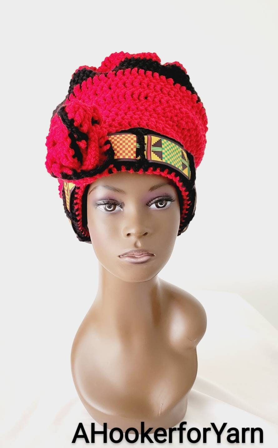 Red African Turban, Women Kente Cloth Dreadlock Hat, Handmade Unique ...