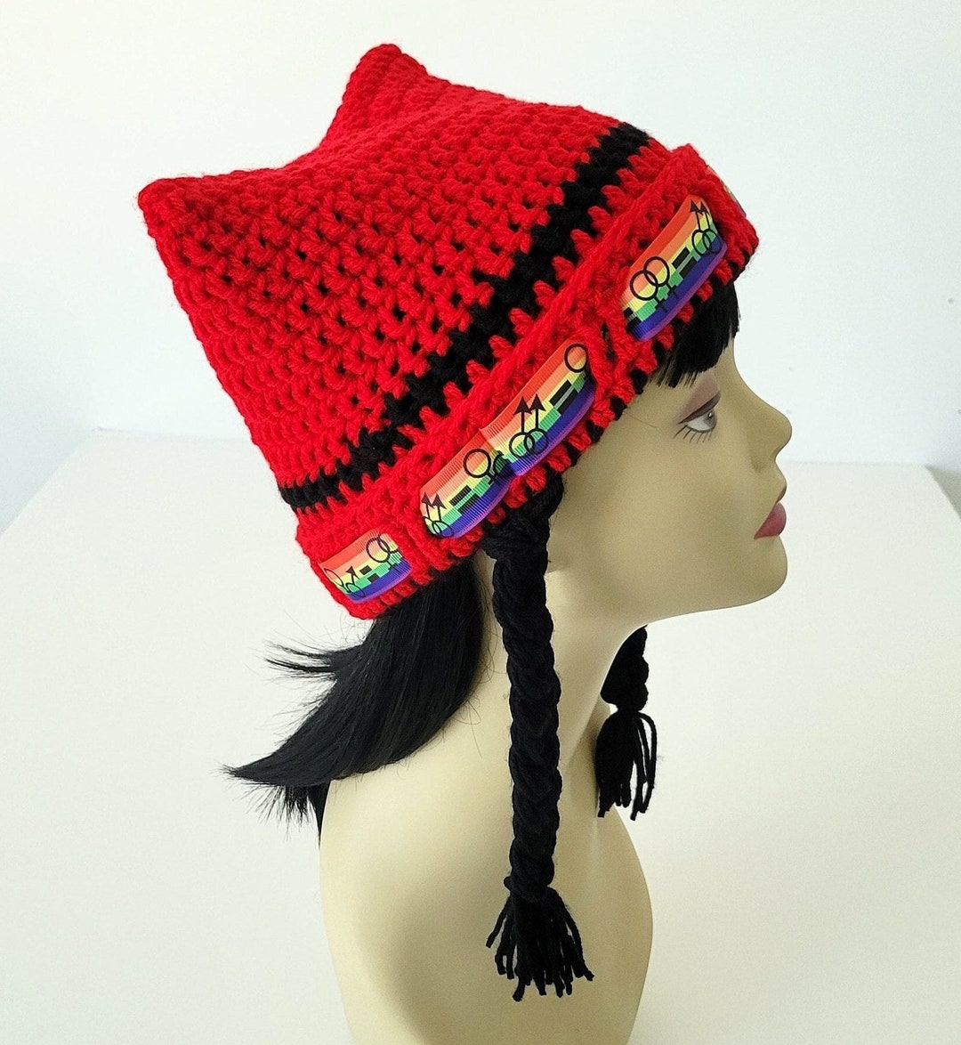 Lgbtq Pride Pussycat Hat With Braids Crochet Red Kitty Cat Hat Unique