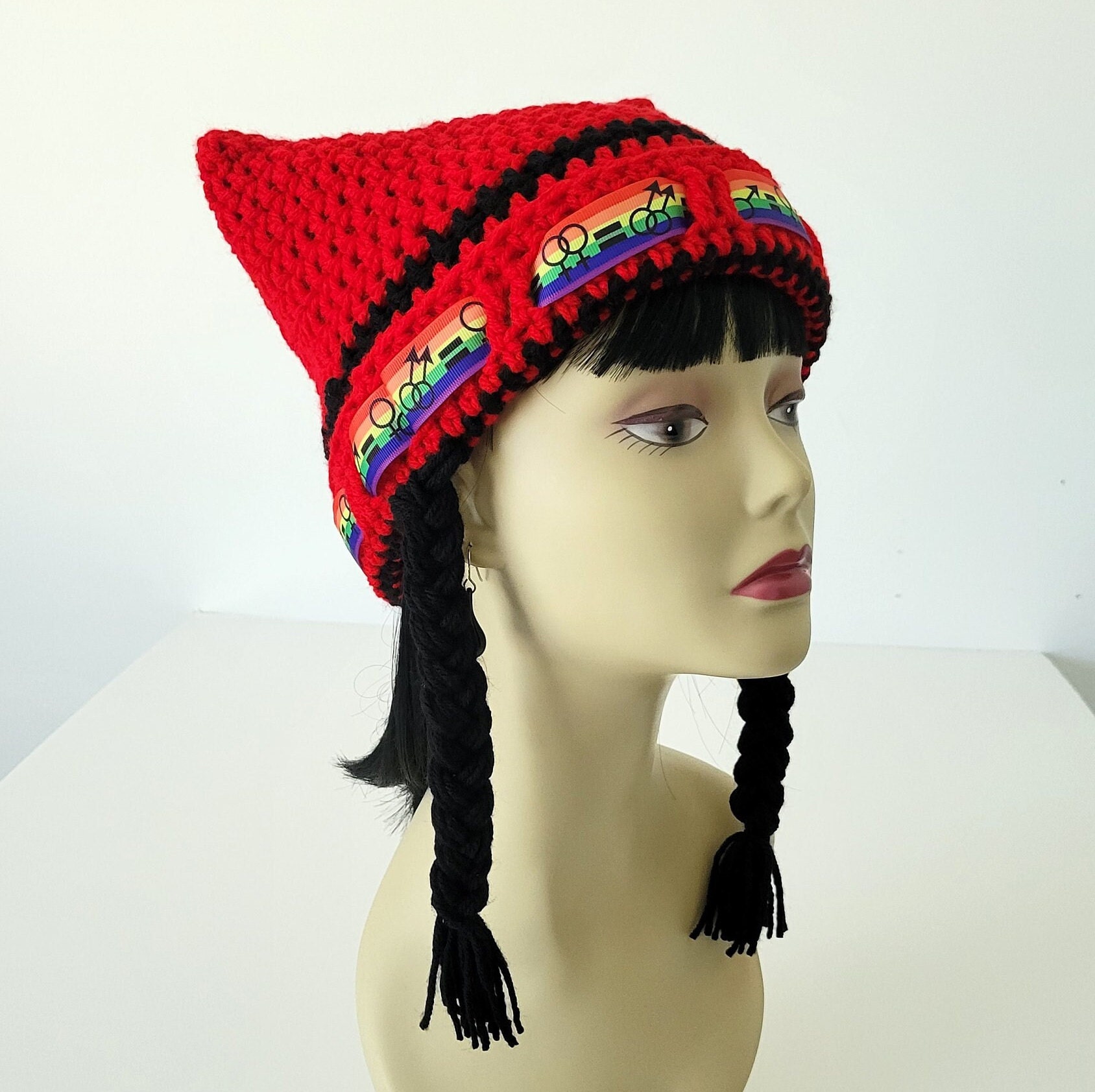 Lgbtq Pride Pussycat Hat With Braids Crochet Red Kitty Cat Etsy