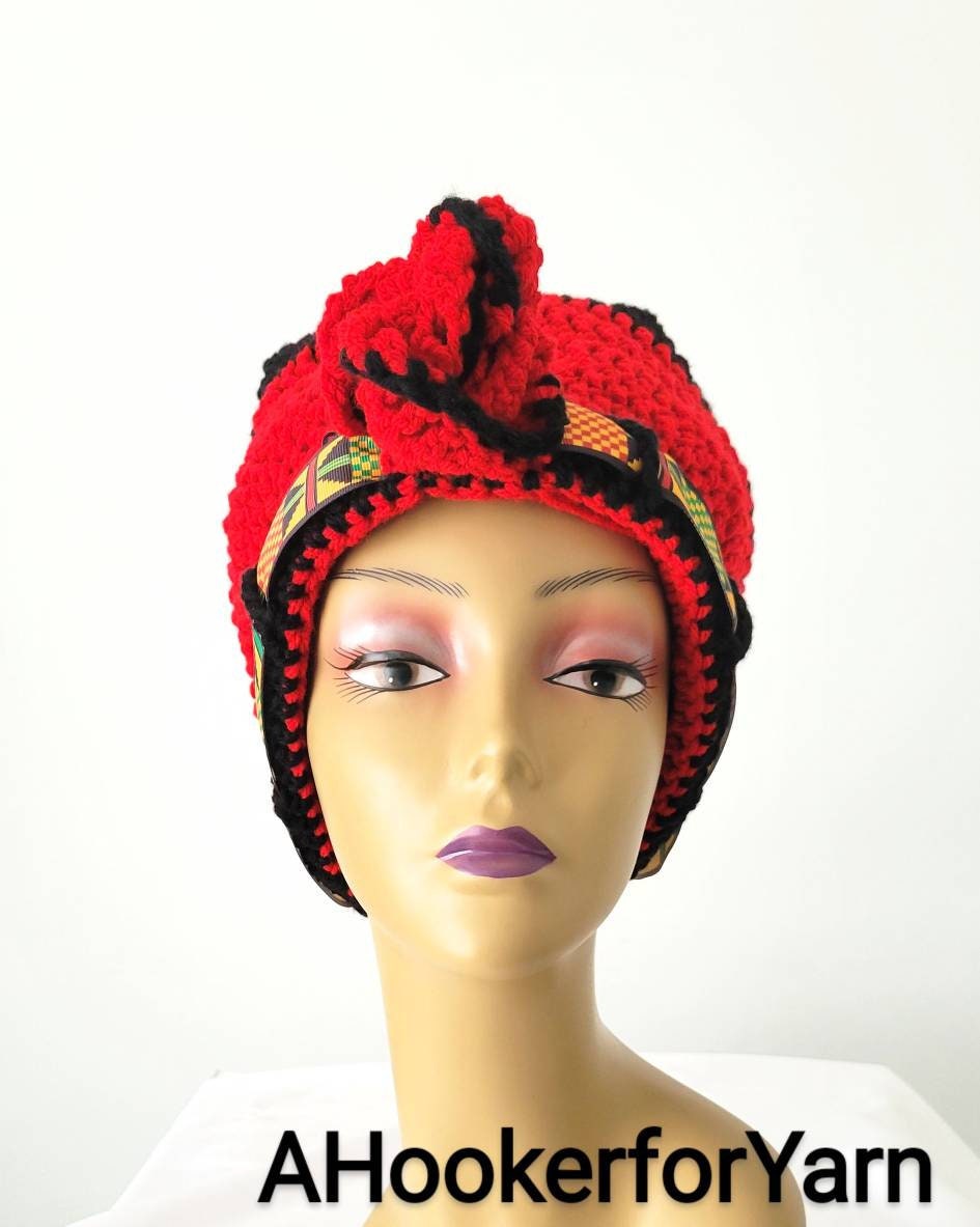 Red African Turban, Women Kente Cloth Dreadlock Hat, Handmade Unique ...