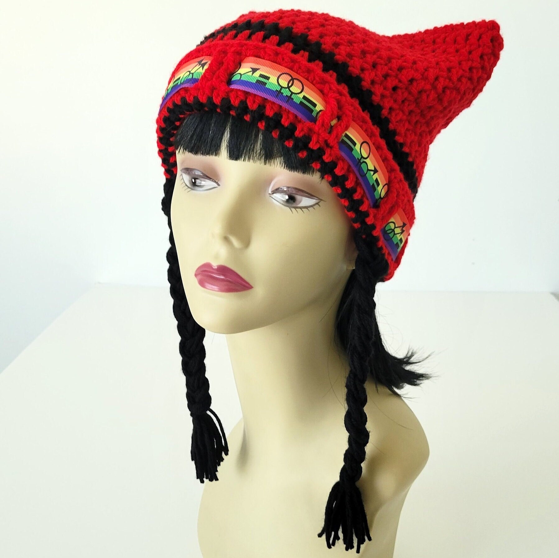 Lgbtq Pride Pussycat Hat With Braids Crochet Red Kitty Cat Etsy
