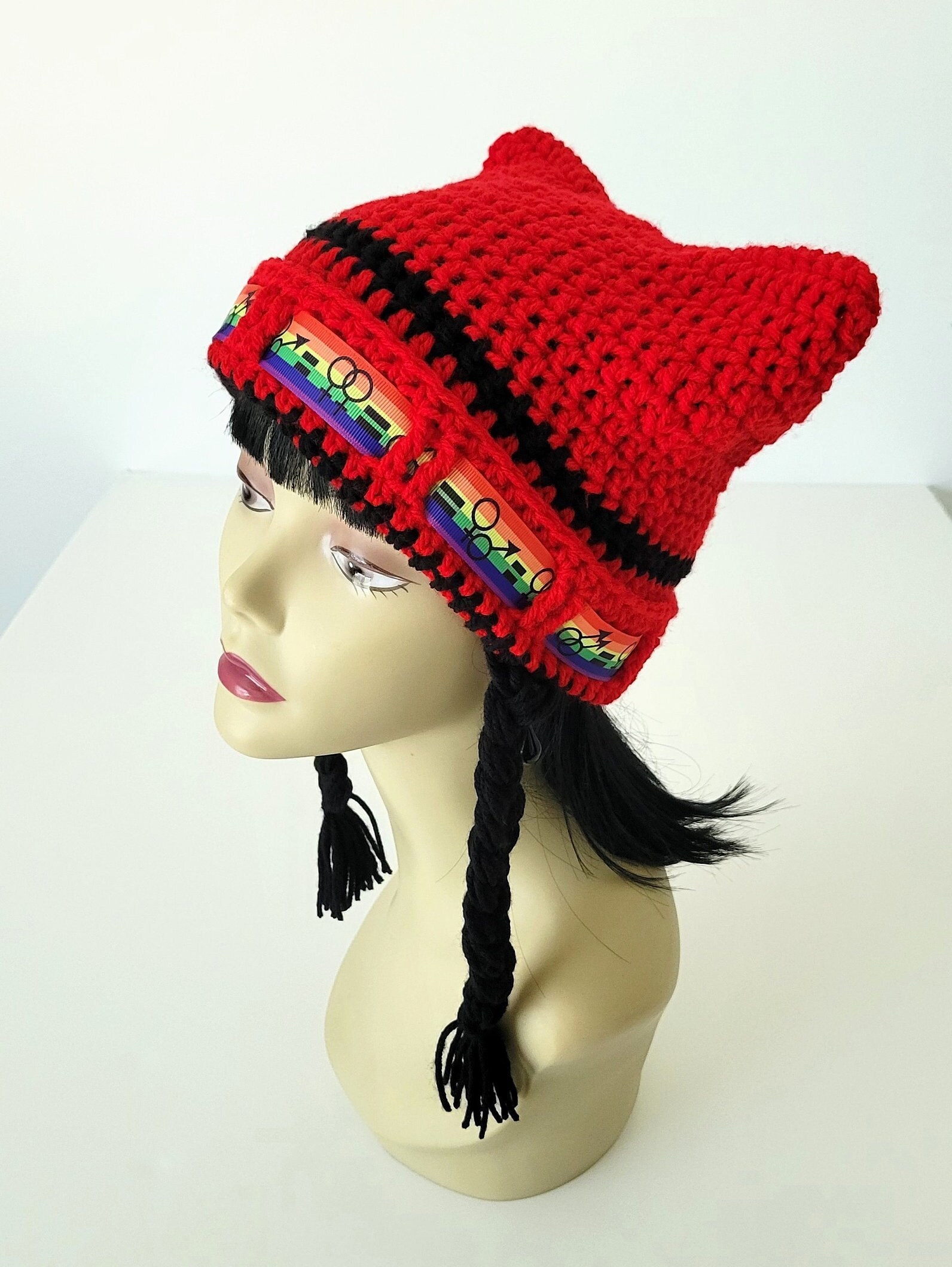 Lgbtq Pride Pussycat Hat With Braids Crochet Red Kitty Cat Etsy