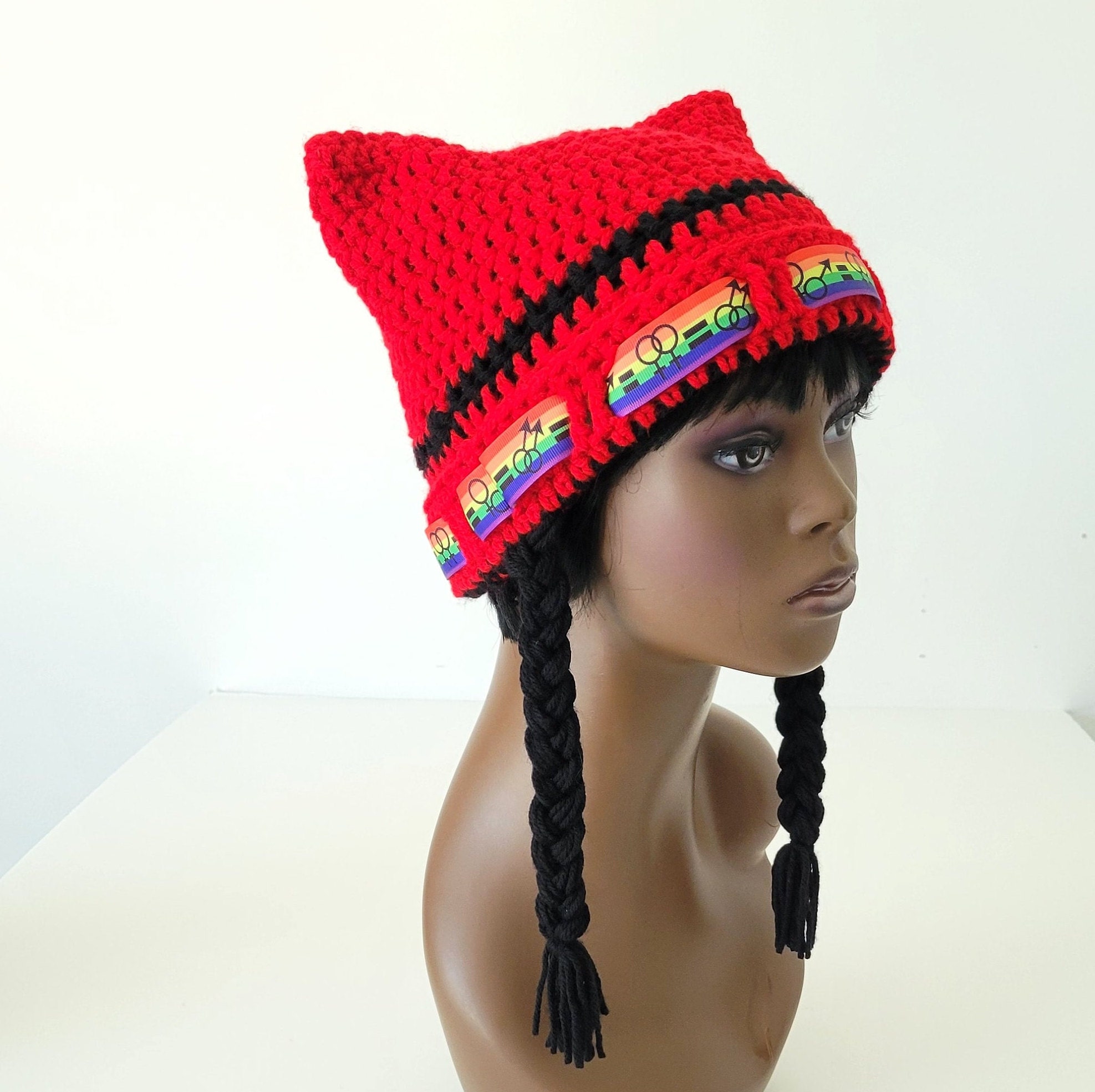 Lgbtq Pride Pussycat Hat With Braids Crochet Red Kitty Cat Etsy
