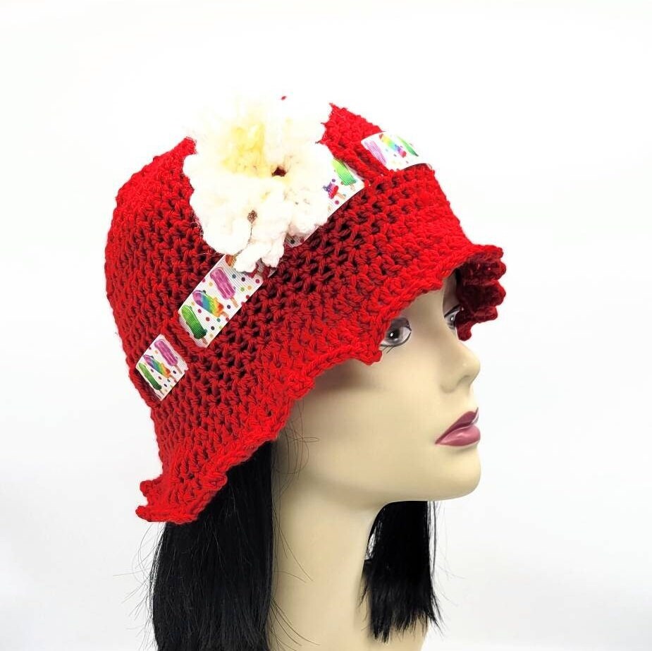 Red Crochet Summer Bucket Hat With Beach Print, Handmade Women Sun Hats ...