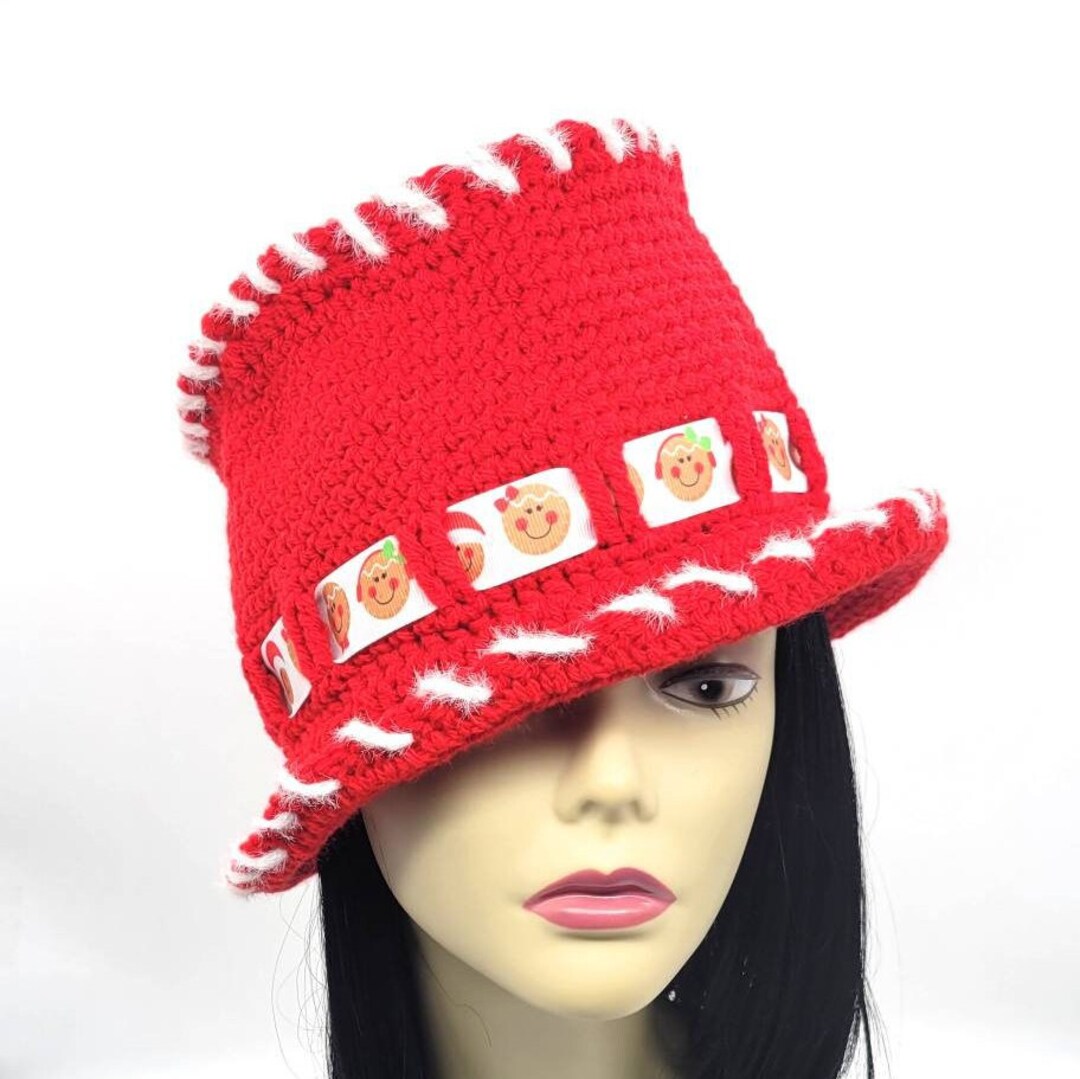 Red Christmas Fedora Crochet Hat, Women Handmade Christmas Party Hat ...