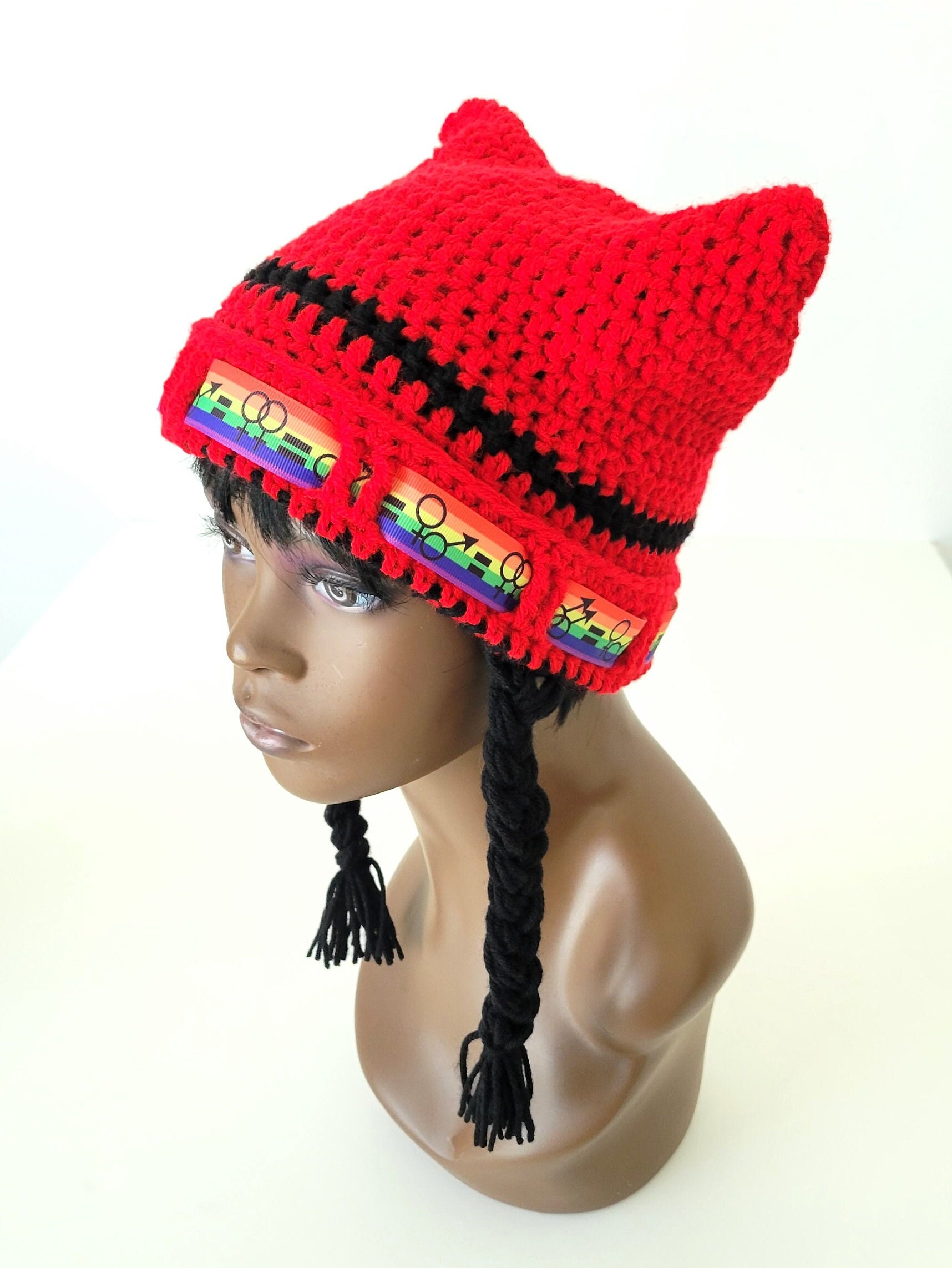 Lgbtq Pride Pussycat Hat With Braids Crochet Red Kitty Cat Etsy