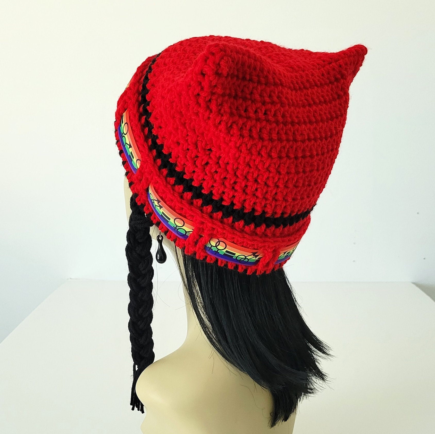 Lgbtq Pride Pussycat Hat With Braids Crochet Red Kitty Cat Etsy