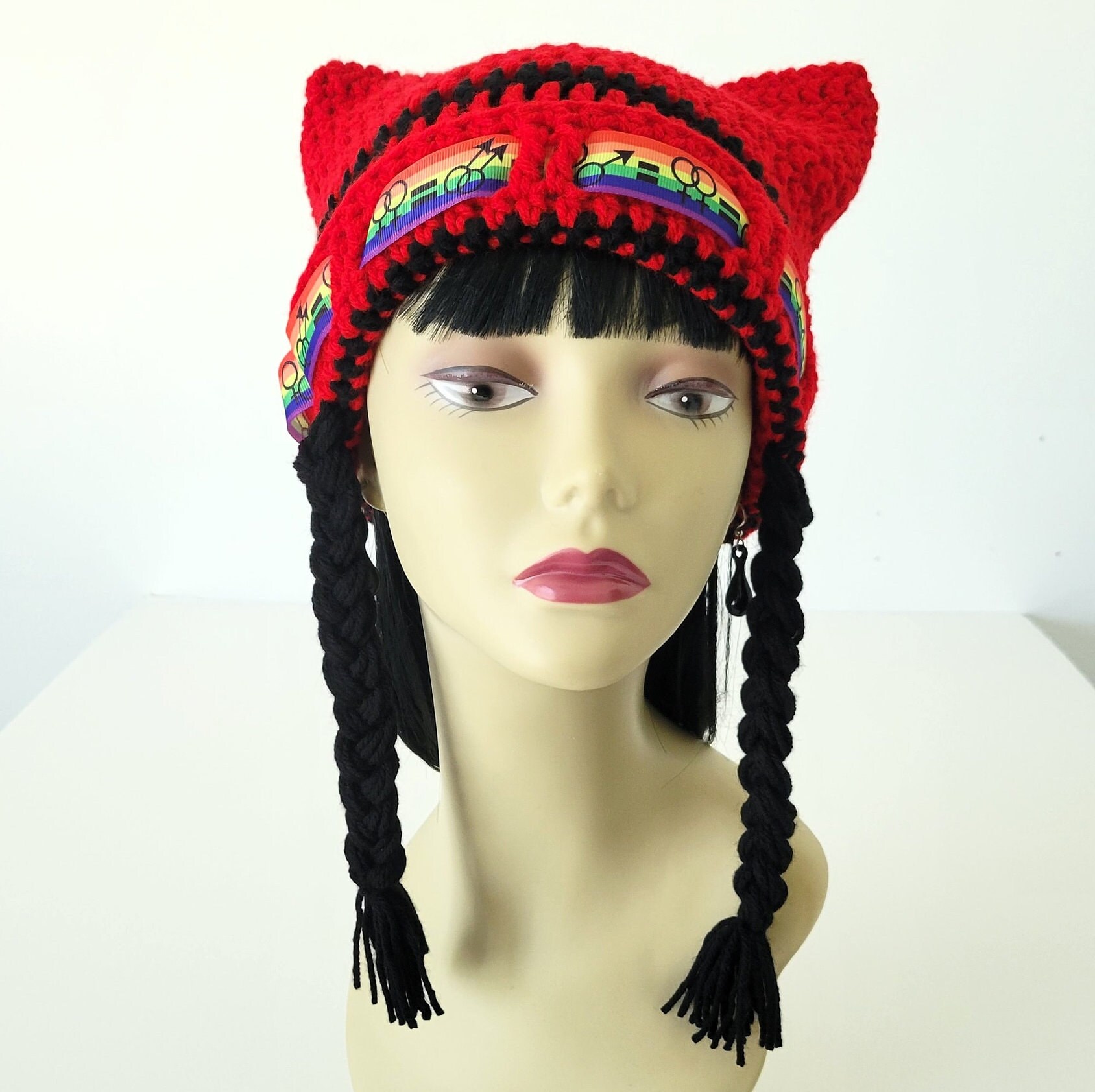 Lgbtq Pride Pussycat Hat With Braids Crochet Red Kitty Cat Etsy