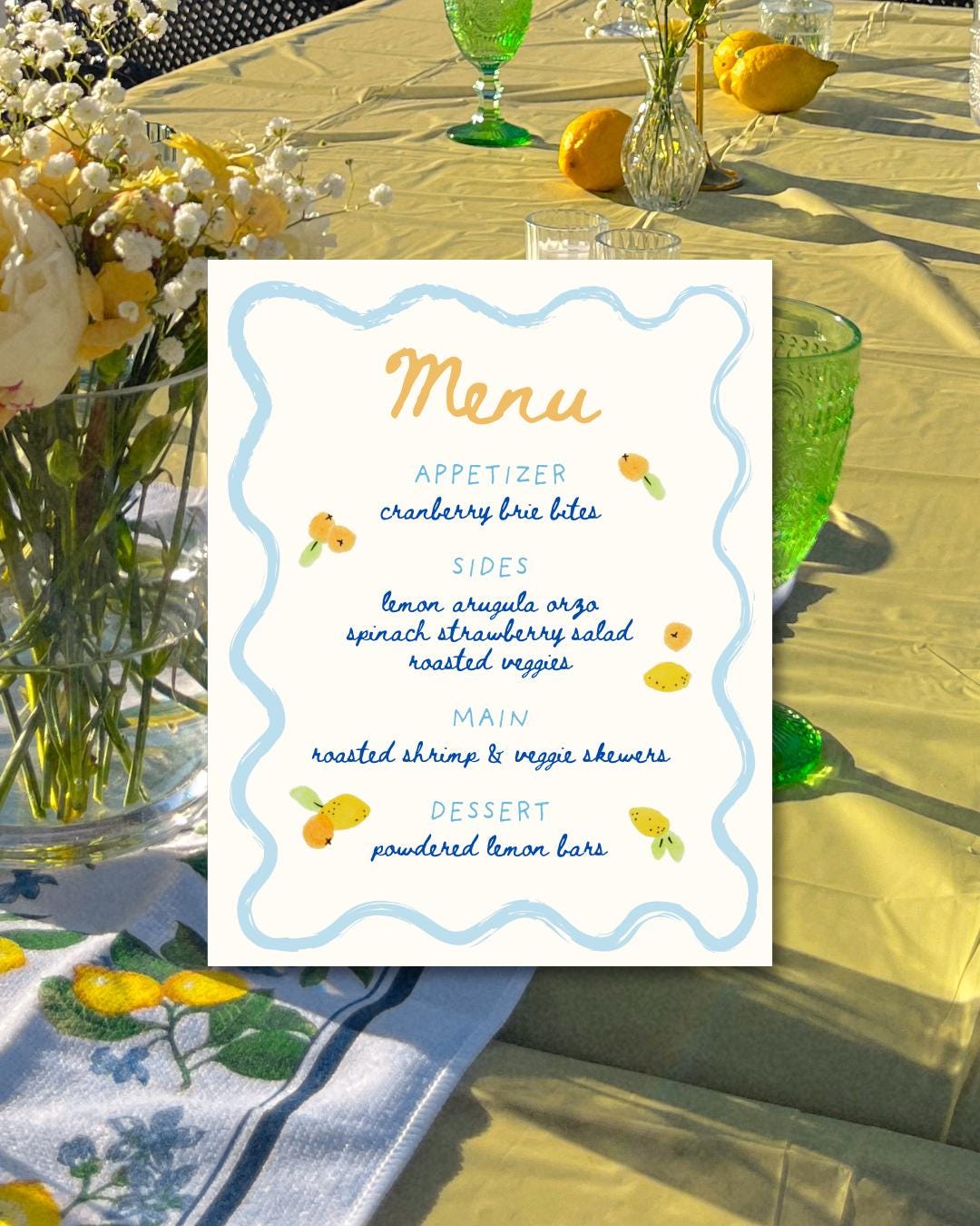 Italian Summer Dinner Party Menu Customizable Template | Lemon, Orange ...