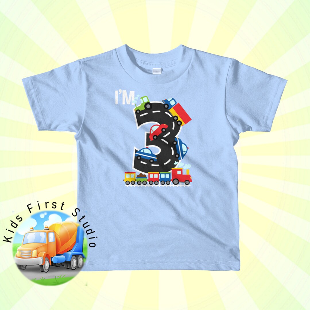 I'm 3 Birthday Boy 3rd Bday Trains Cars Trucks Number Police Car Truck ...