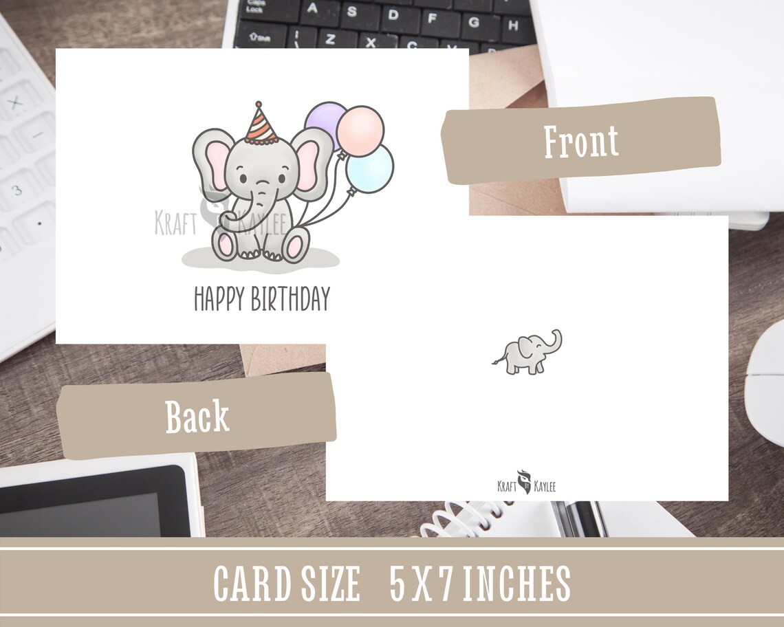 Baby Elephant Happy Birthday Printable Card, 5x7 Folded Greeting Card ...