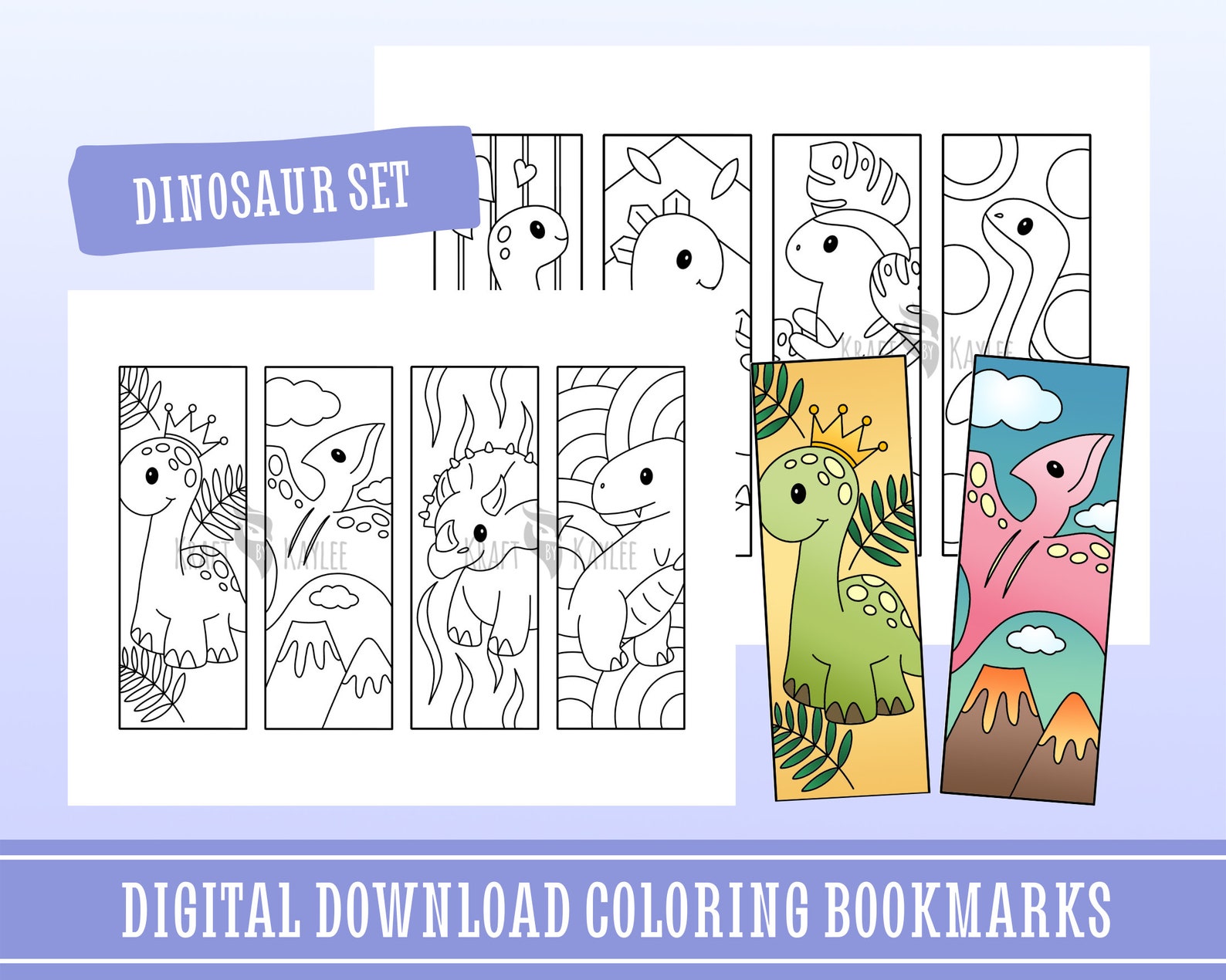 Dinosaur Set Coloring Bookmarks (set of 8), Coloring Pages, Printable ...