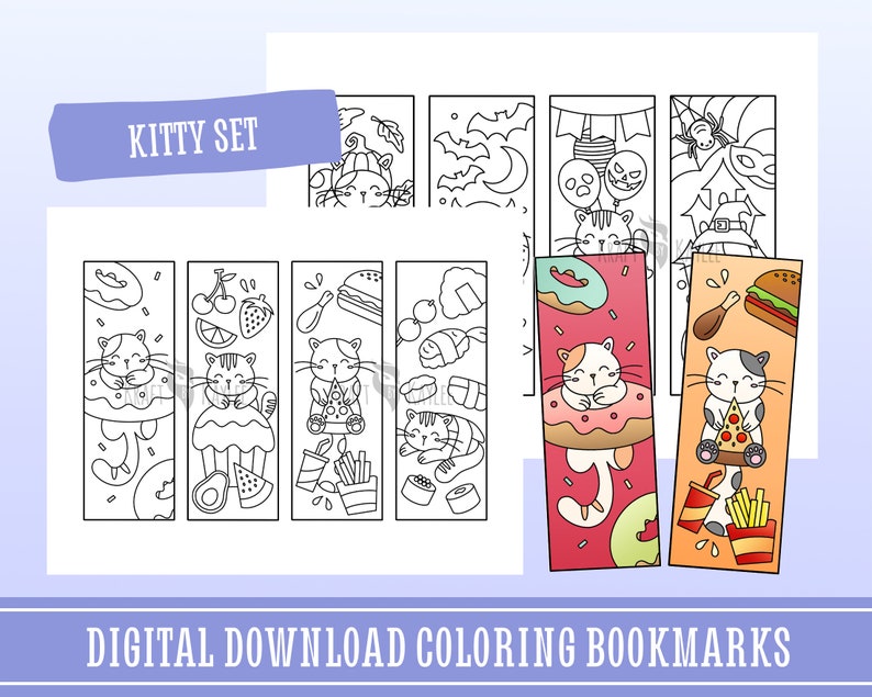 Kitty Set Coloring Bookmarks (set of 8), Coloring Pages, Printable ...
