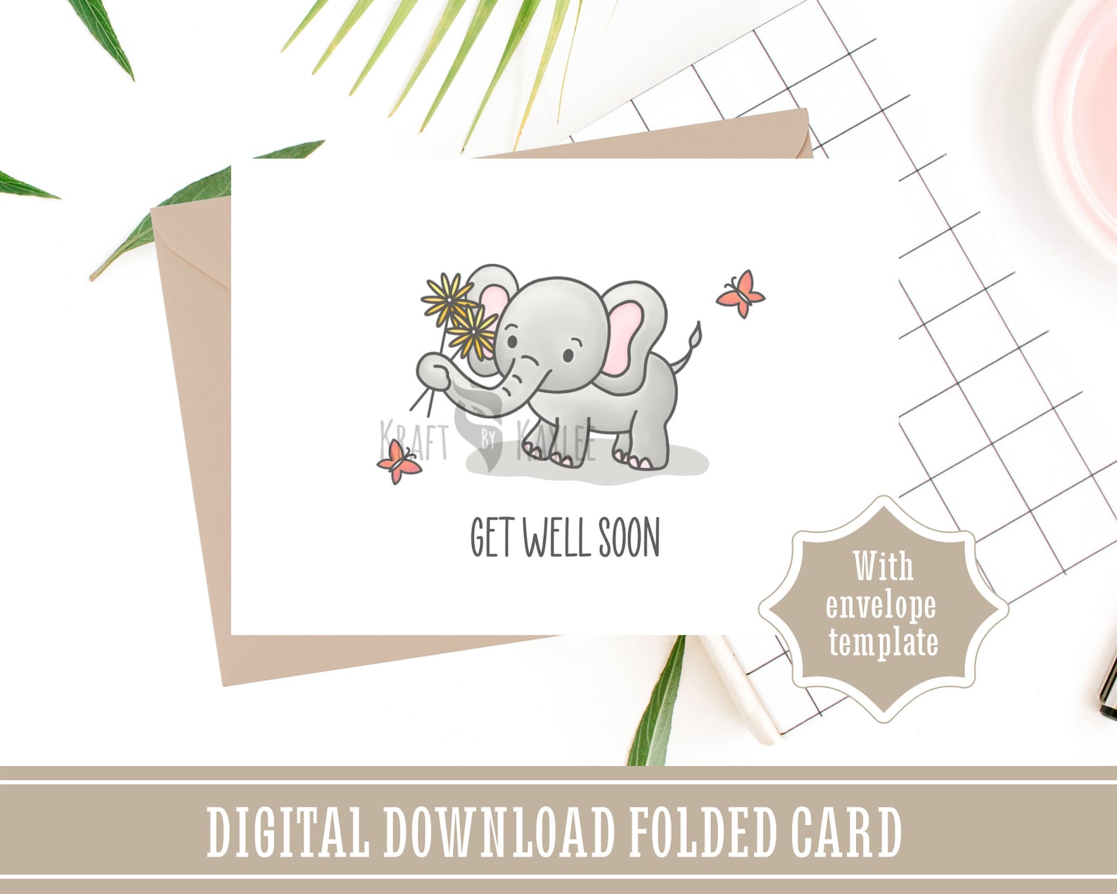 Baby Elephant Get Well Soon Printable Card, 5x7 Folded Greeting Card ...